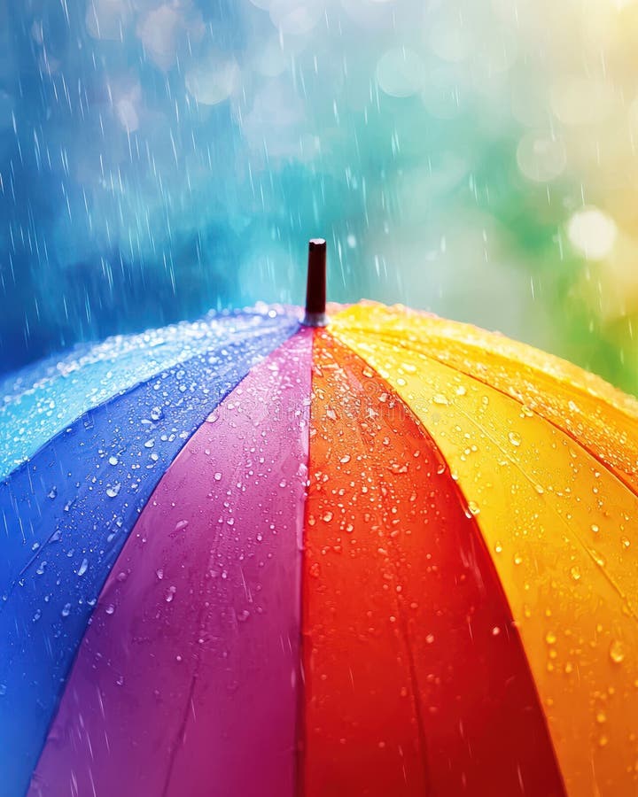 Colorful Umbrella with Raindrops, Joyful Protection from Rain Stock ...