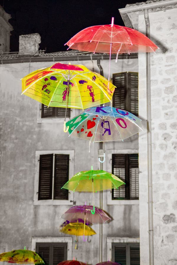 Colorful Umbrellas in the Air Set on the Scene Stock Image - Image of ...