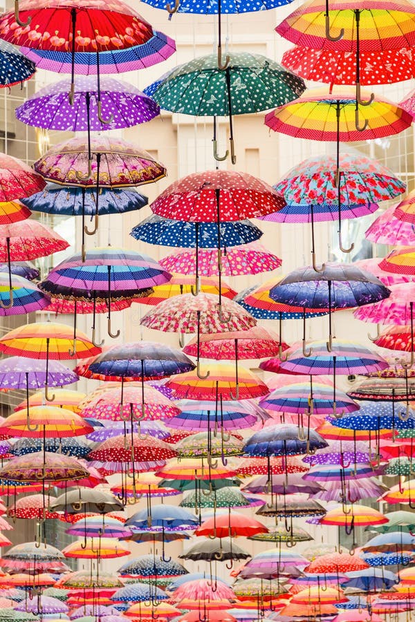 Colorful Umbrellas on the Ceiling Stock Image - Image of outside ...