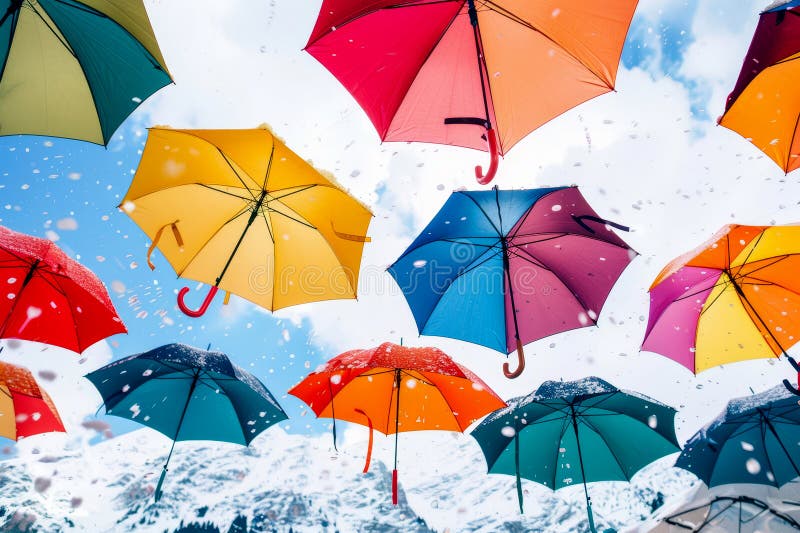 Colorful Umbrellas Dot a Clear Blue Sky, Creating a Cheerful Atmosphere ...