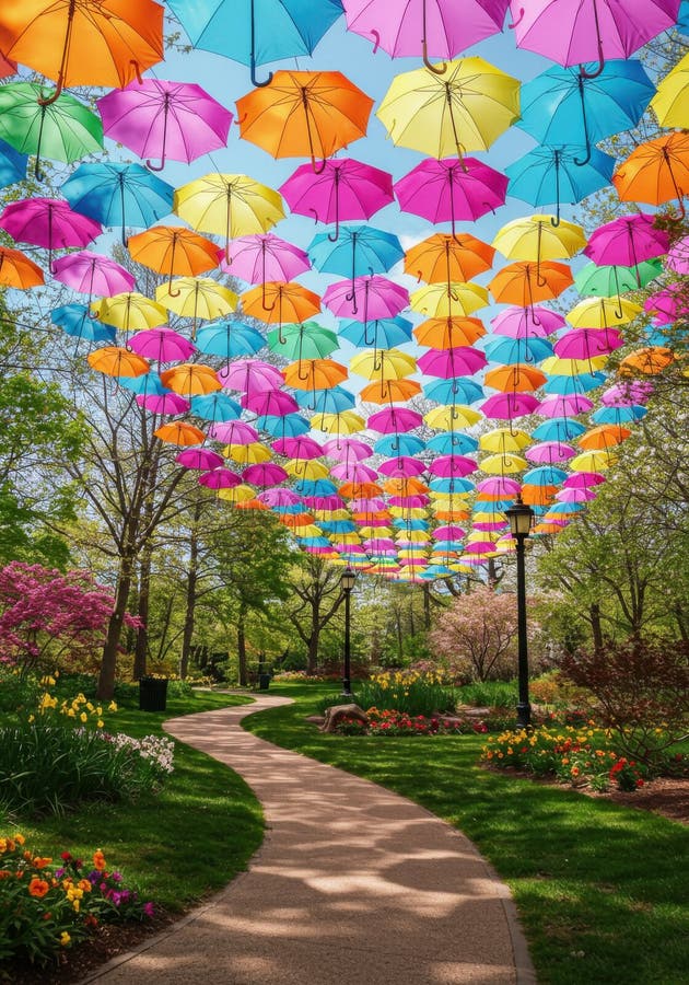 Colorful Umbrellas Hanging Over Garden Path Stock Illustration ...
