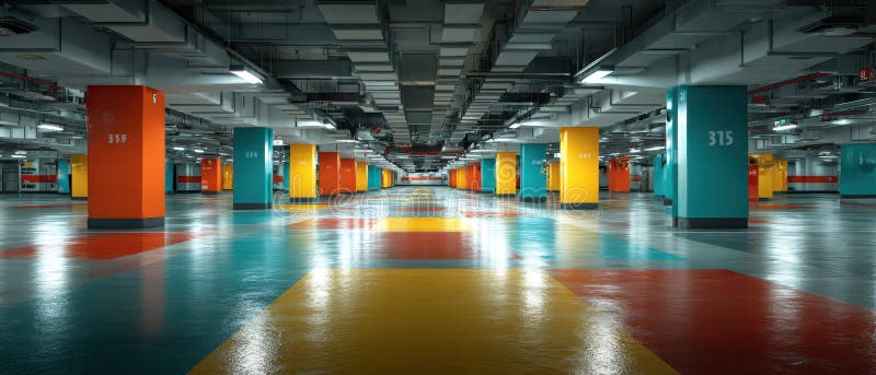 Colorful Underground Parking Garage with Vibrant Geometric Patterns and ...