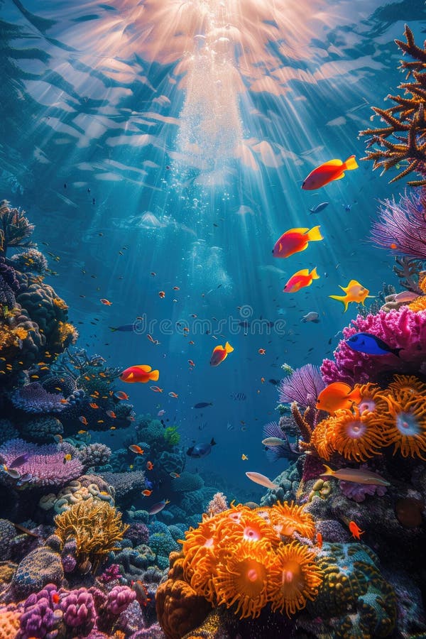 Colorful Underwater Coral Reef with Tropical Fish and Sun Rays Stock ...