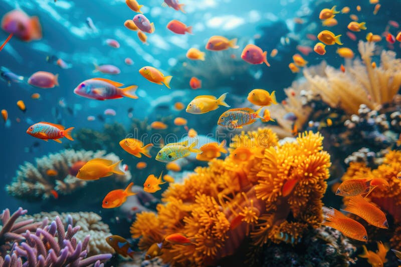 Colorful Underwater Coral Reef with Tropical Fish and Sun Rays Stock ...
