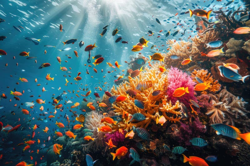 Colorful Underwater Coral Reef with Tropical Fish and Sun Rays Stock ...