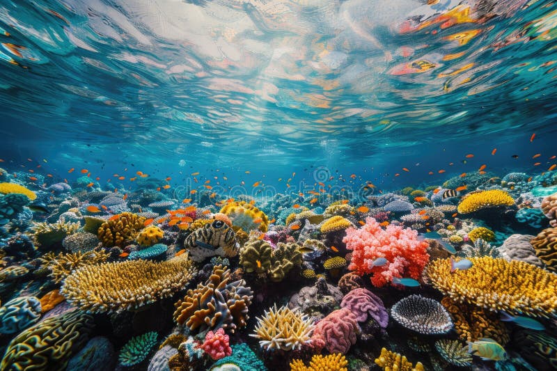 Colorful Underwater Coral Reef with Tropical Fish and Sun Rays Stock ...