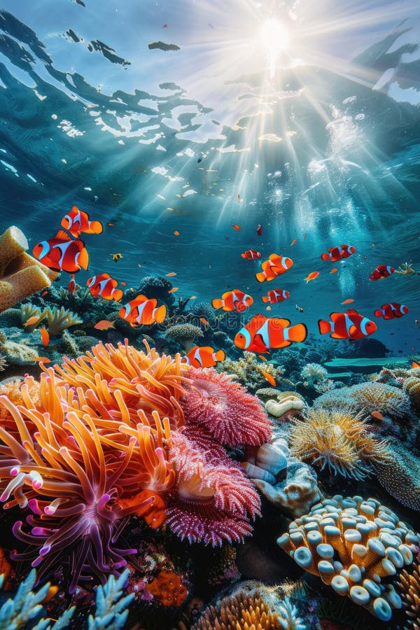Colorful Underwater Coral Reef with Tropical Fish and Sun Rays Stock ...