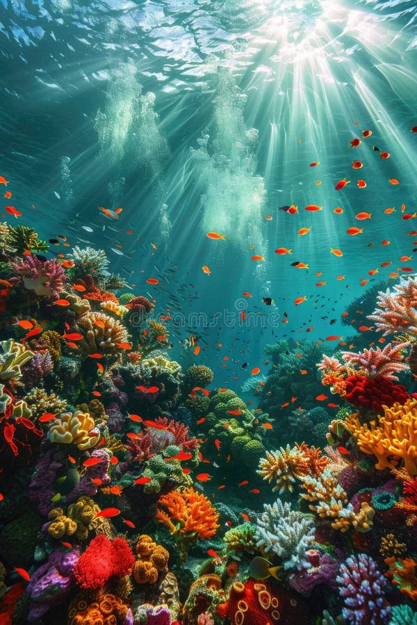 Colorful Underwater Coral Reef with Tropical Fish and Sun Rays Stock ...