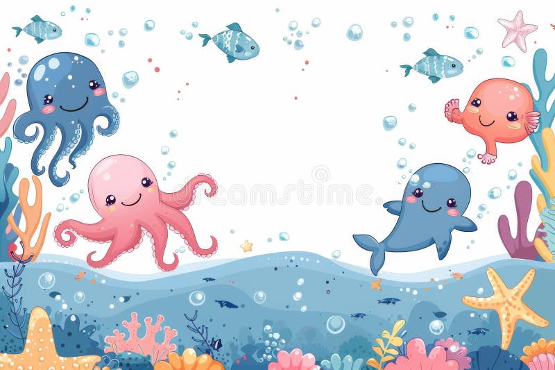 A Colorful Underwater Scene with a Frame of Various Sea Creatures Stock ...