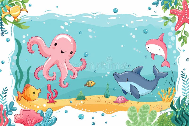 A Colorful Underwater Scene with a Frame of Various Sea Creatures Stock ...