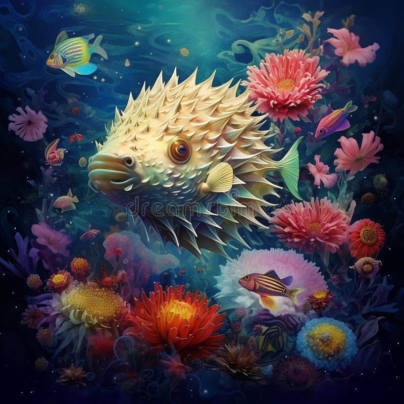 Pufferfish Type Creature in Beautiful Underwater Floral Scene. Stock ...