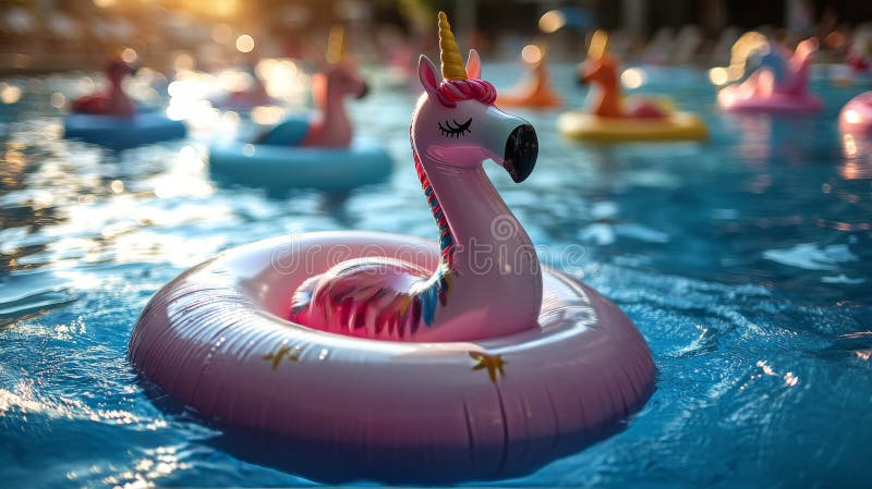 Colorful Unicorn Floaties Drifting in a Sunny Pool during Summer ...
