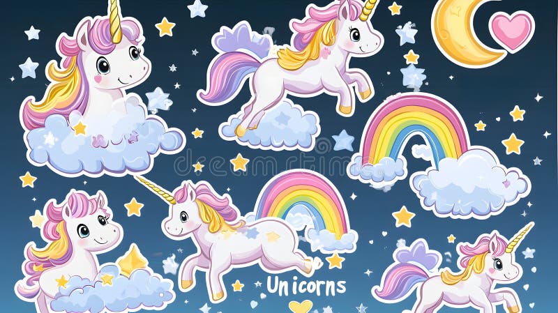 Colorful Unicorn Stickers on a Dreamy Background Stock Illustration ...