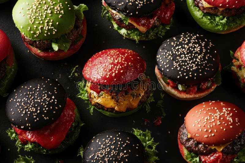 Colorful and Unique Assortment of Burgers with Vibrant Buns and Fresh ...