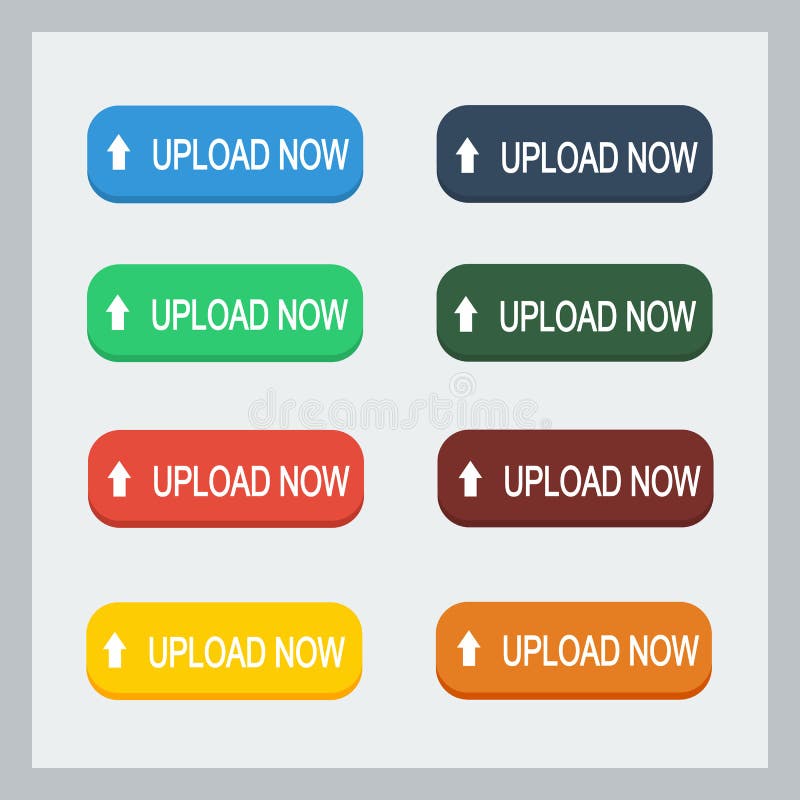 Colorful Upload Now Button with Pointing Hand Set. Flat Illustration ...