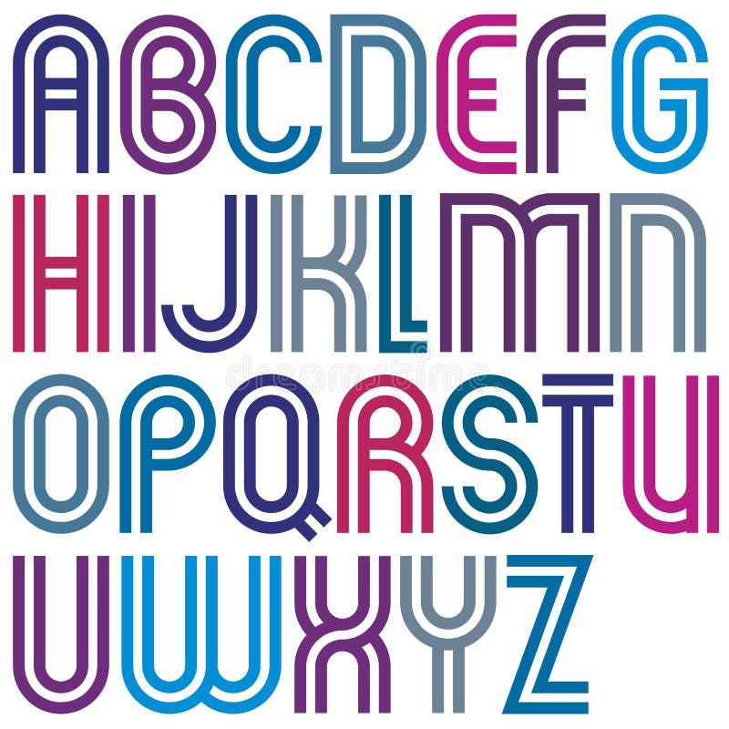 Colorful Uppercase Letters with Rounded Corners, Bold Double Striped ...