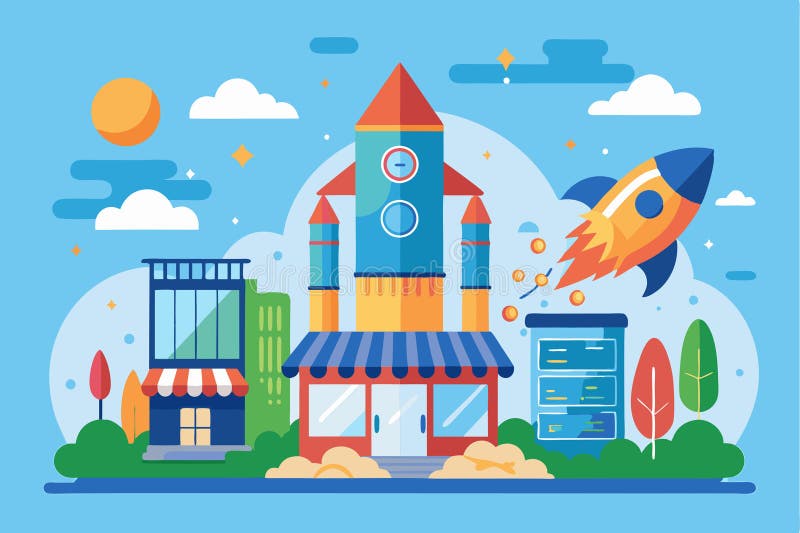A Colorful Urban Landscape Features a Rocket Launching, Symbolizing the ...