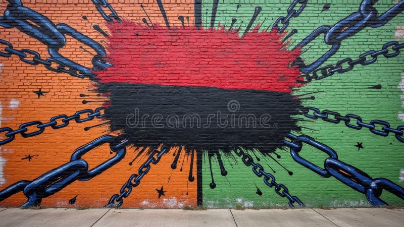 Colorful Urban Mural with Chains and Abstract Design on Brick Wall ...