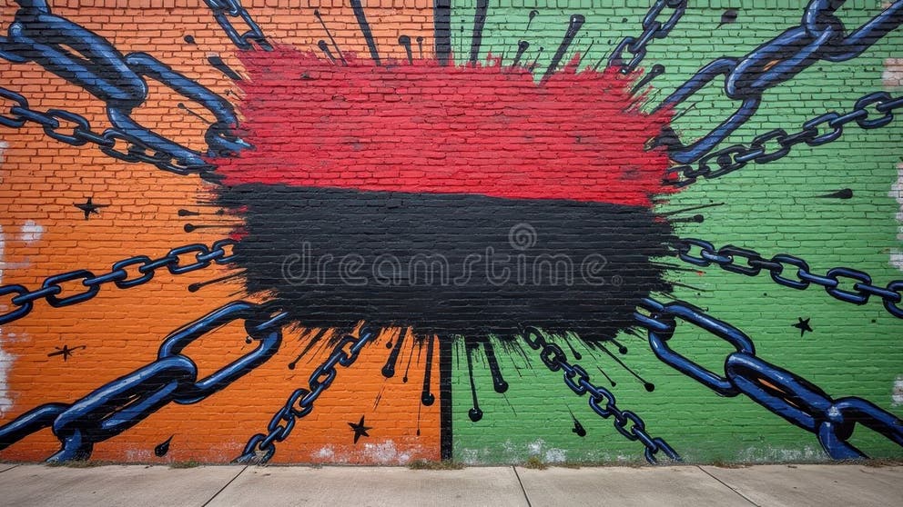 Colorful Urban Mural with Chains and Abstract Design on Brick Wall ...