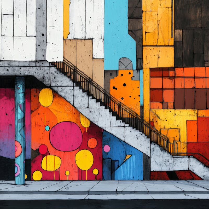 Colorful Urban Mural on a Concrete Building Wall with Vibrant Geometric ...