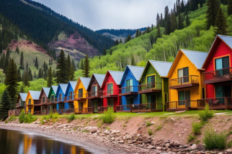 Colorful Vacation Cabins Against the Mountain Backdrop Stock ...