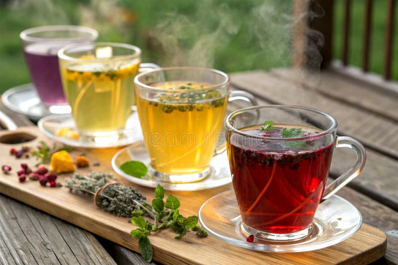 A Colorful Variety of Herbal Teas Served in Transparent Cups Stock ...