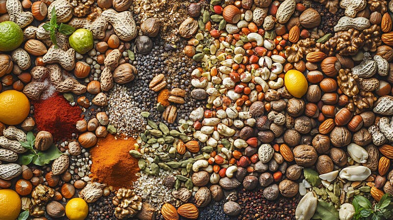 Colorful Variety of Nuts and Spices, Captured in a Wide Shot Stock ...
