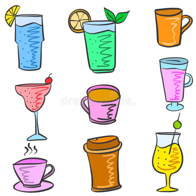 Colorful Various Drink Set Doodles Stock Vector - Illustration of ...