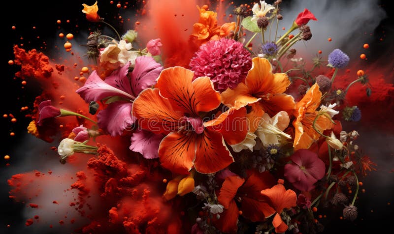 Colorful Various Flower and Paints. Mix Flower Explosion, Top View ...