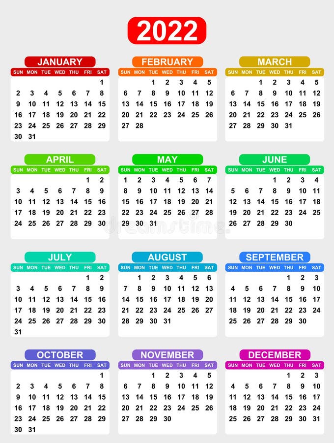 Colorful Vector Calendar for Year 2022 Sundays First, Easy To Edit and ...