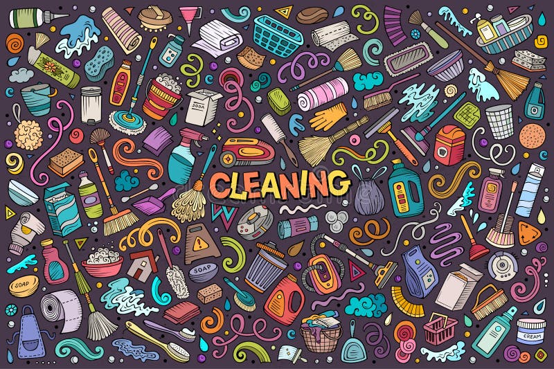 Colorful Vector Doodle Cartoon Set of Cleaning Objects and Symbols ...