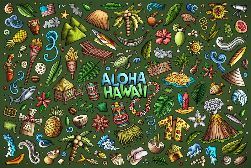 Colorful Vector Doodle Cartoon Set of Hawaii Objects and Symbols Stock ...