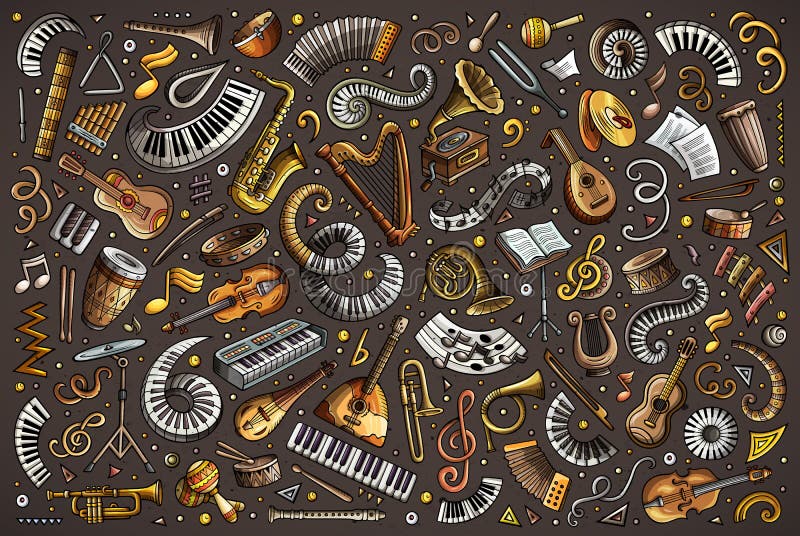 Colorful Vector Doodles Cartoon Set of Classical Musical Instruments ...