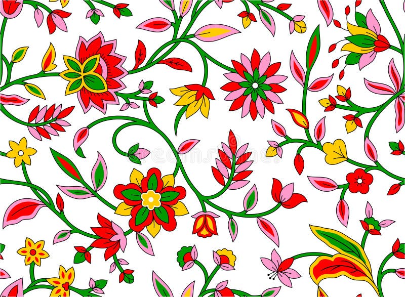 Colorful Vector Floral Flower Leaf Kalamkari Pattern Design Stock ...