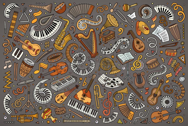 Colorful Vector Doodles Cartoon Set of Classical Musical Instruments ...