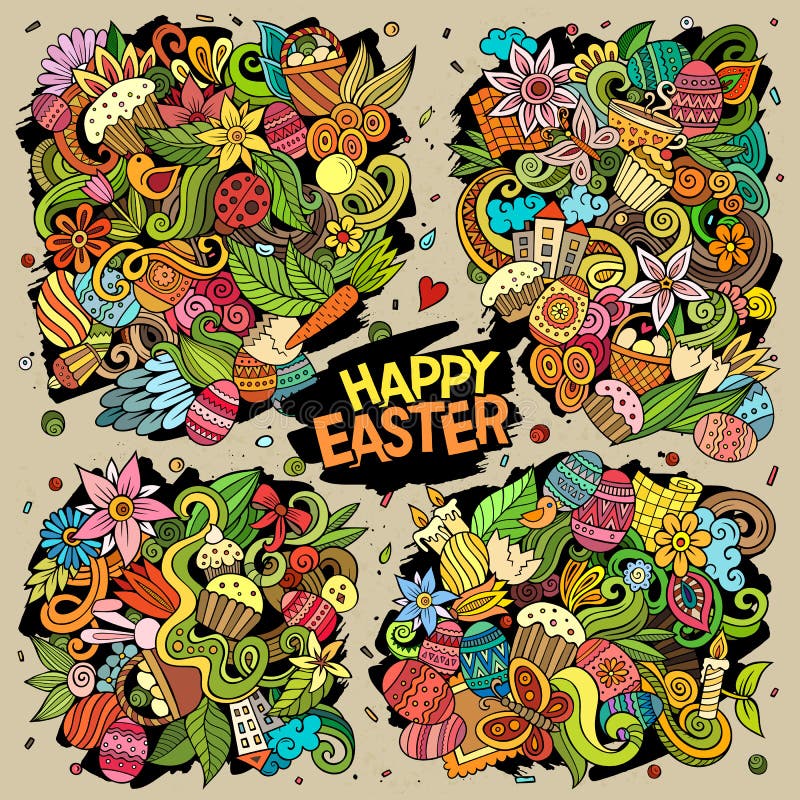 Vector Doodles Cartoon Set of Happy Easter Combinations of Objects Stock Vector - Illustration ...