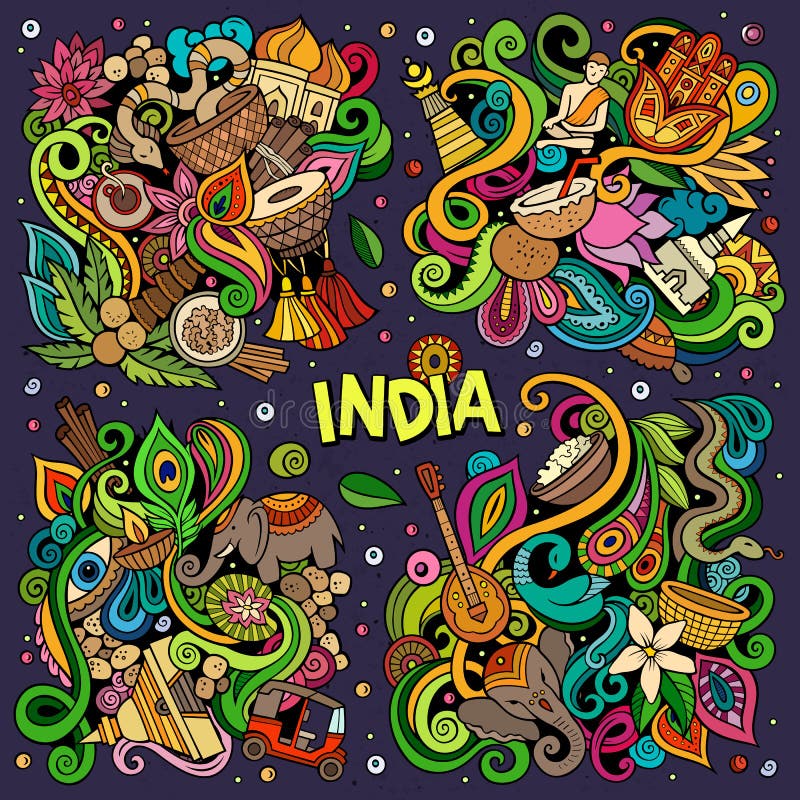 Colorful Vector Hand Drawn Doodles Cartoon Set of India Combinations of ...