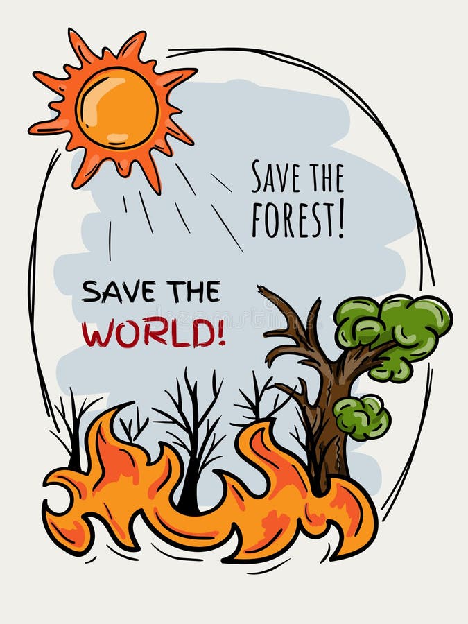 Colorful Vector Hand Drawn Illustration of Forest Fires, Global Warming ...