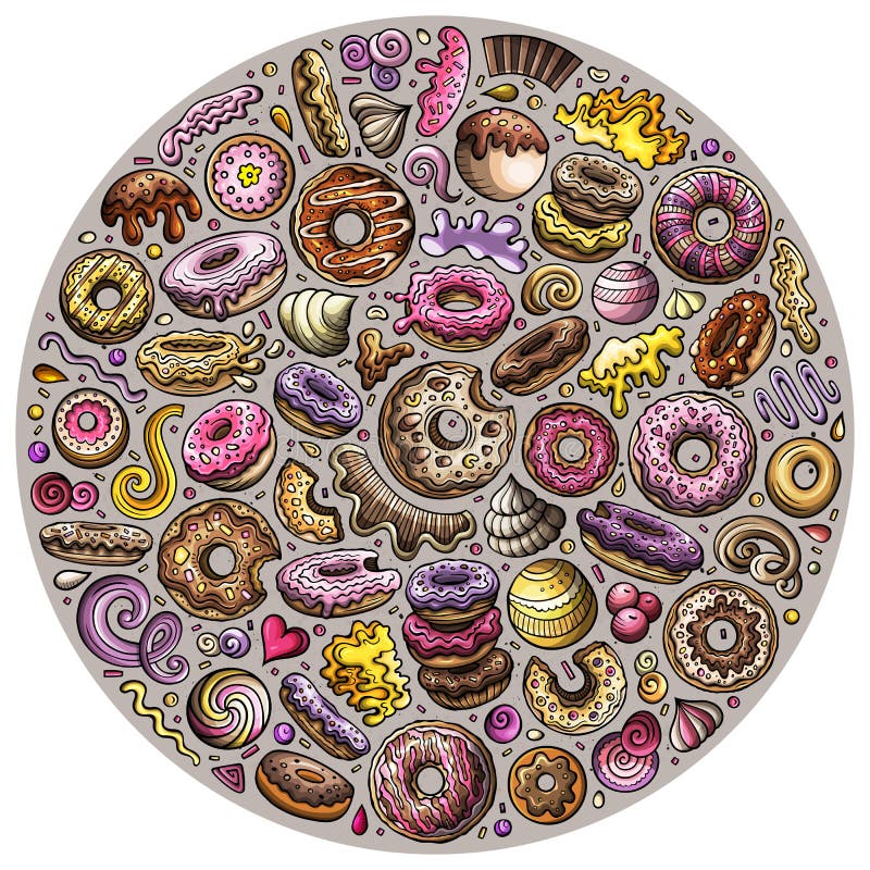 Colorful Vector Hand Drawn Set of Donuts Cartoon Doodle Objects Stock ...