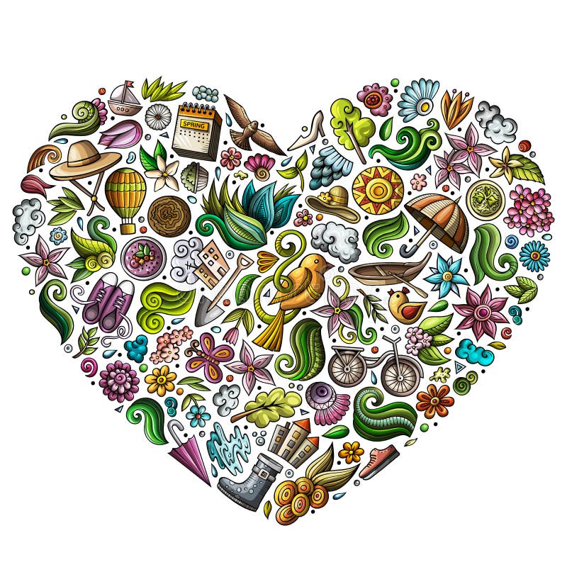 Colorful Vector Hand Drawn Set of Spring Cartoon Doodle Objects Stock ...