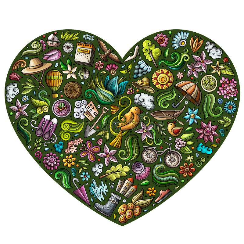 Colorful Vector Hand Drawn Set of Spring Cartoon Doodle Objects Stock ...