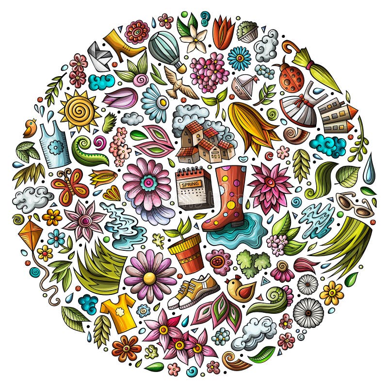 Colorful Vector Hand Drawn Set of Spring Cartoon Doodle Objects Stock ...