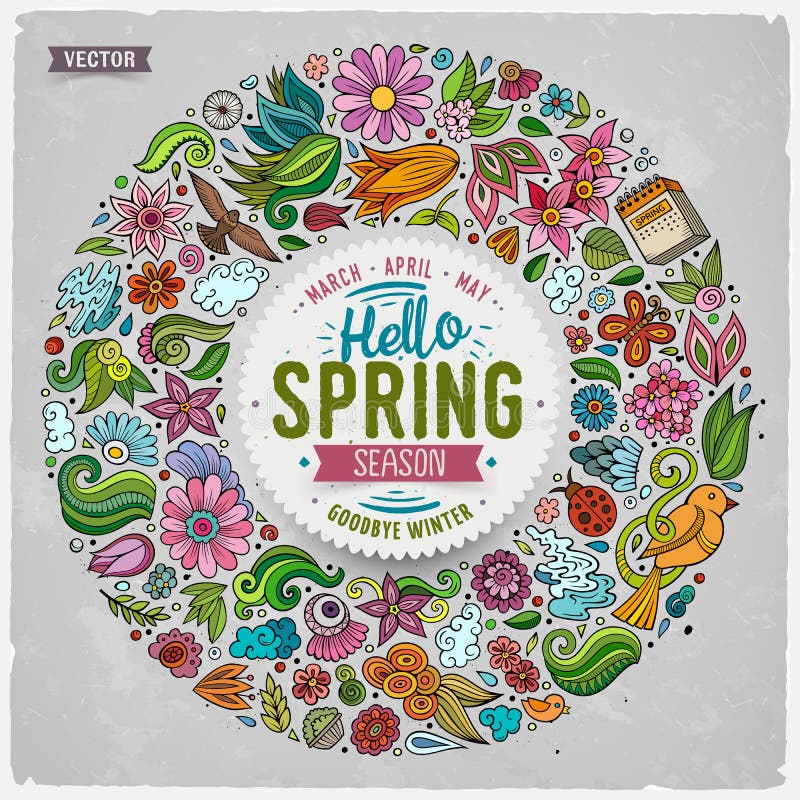 Colorful Vector Hand Drawn Set of Spring Cartoon Doodle Objects Stock ...