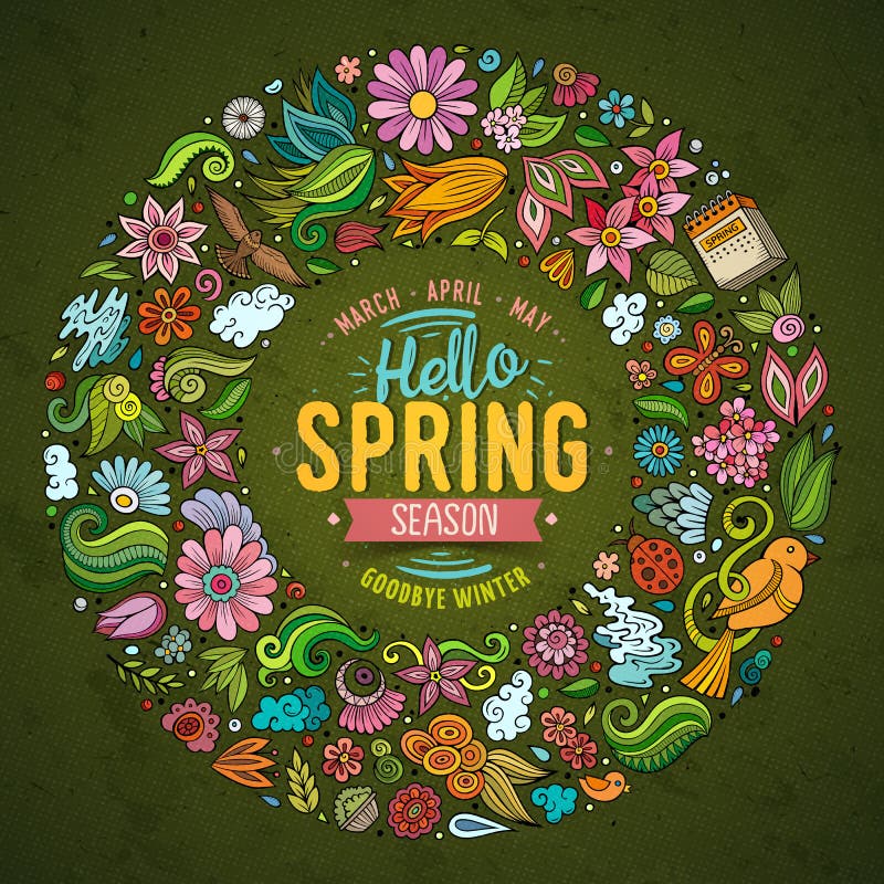 Colorful Vector Hand Drawn Set of Spring Cartoon Doodle Objects Stock ...