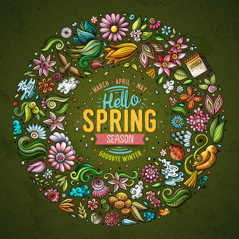 Colorful Vector Hand Drawn Set of Spring Cartoon Doodle Objects Stock ...