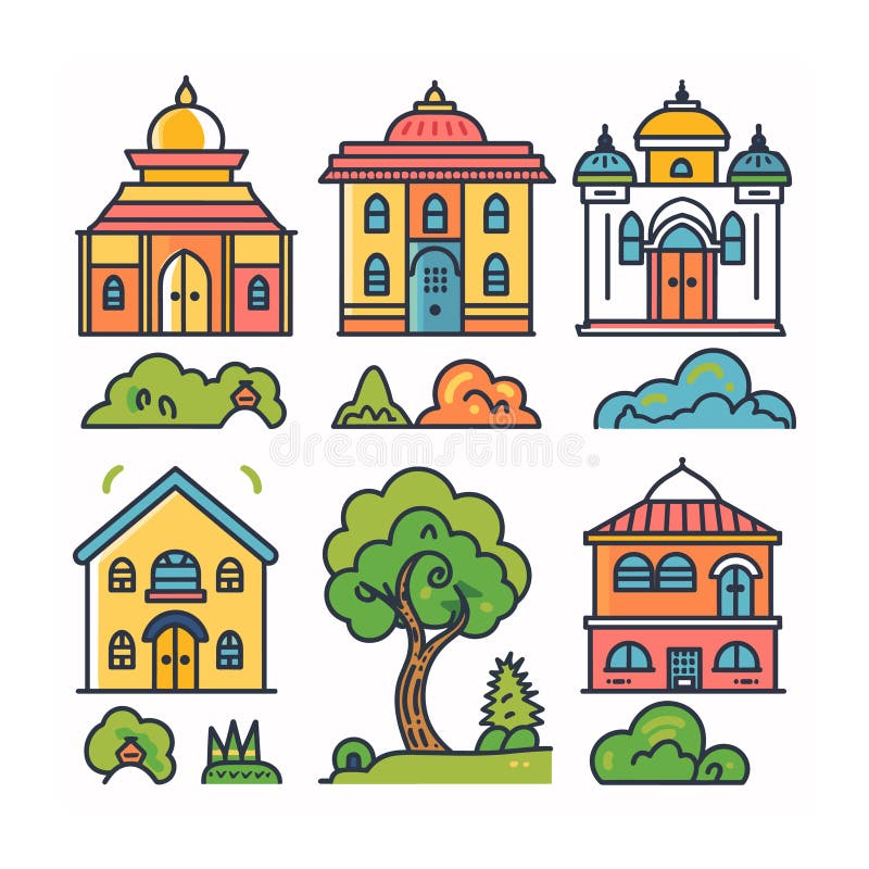 Colorful Vector Illustration Featuring Collection Buildings Landscape ...