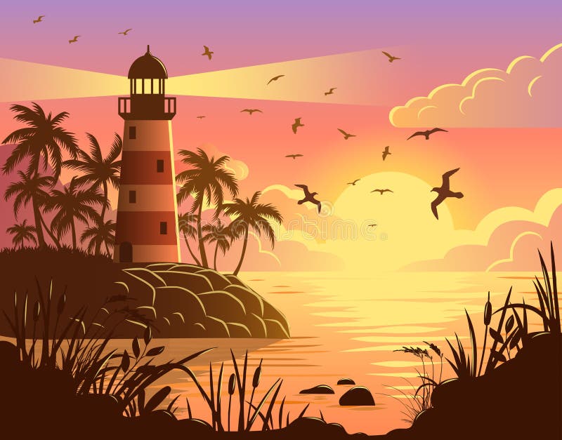 Colorful Vector Illustration of a Seascape at Sunset with a Lighthouse ...