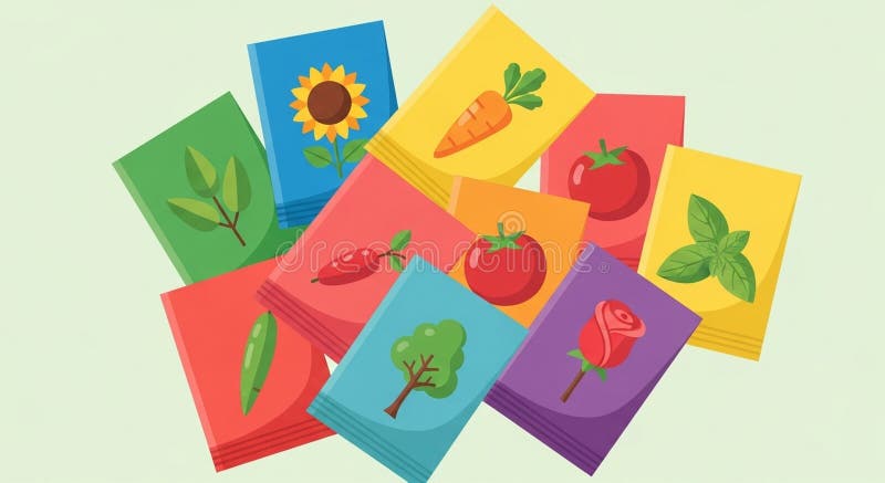 Colorful Vector Illustration of Seed Packets Featuring Flower and ...