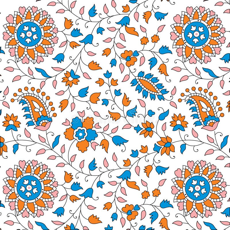 Colorful Vector Kalamkari Outline Floral Pattern Background Design ...