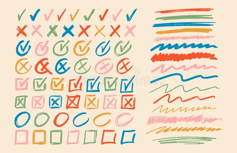 Colorful Vector Set of Hand-drawn Checkmarks, Crosses and Lines in ...